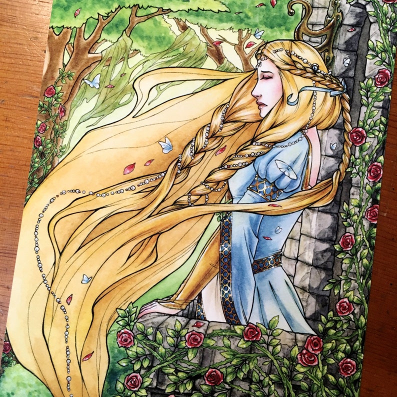 Rapunzel Fairy Tale Art 5x7 Print Fantasy Watercolor | Etsy