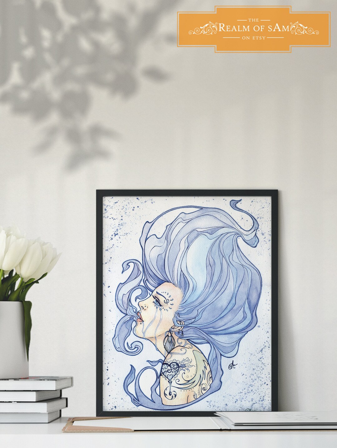 Art Nouveau Woman Print: Blue Hair Goddess, Expressive Watercolor ...