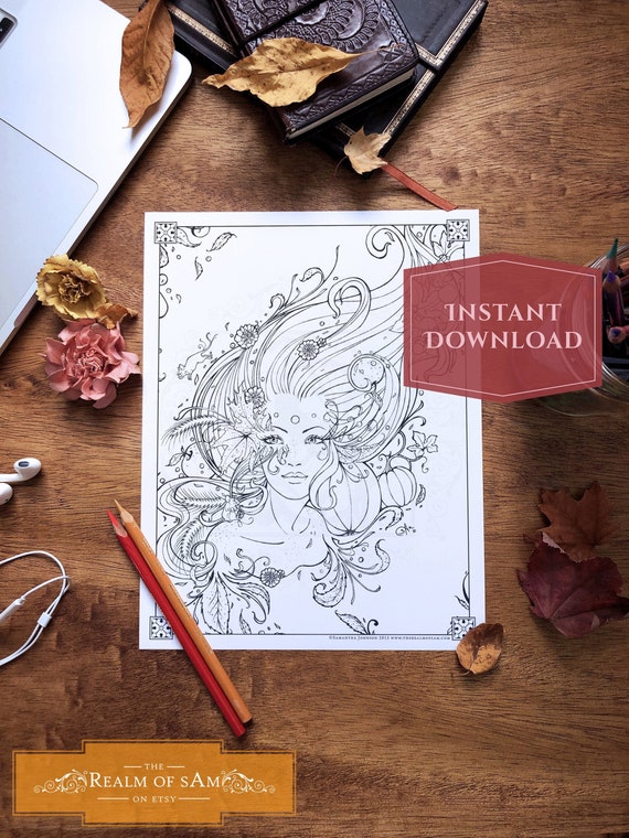 5 Files Autumn Goddess Coloring Page for Adults Fall Faerie | Etsy