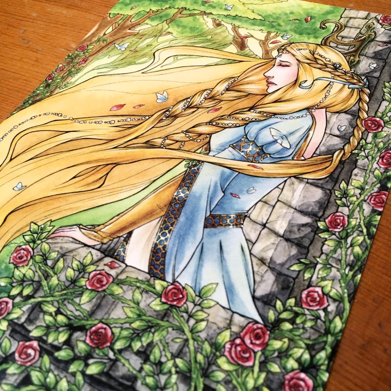 Rapunzel Fairy Tale Art 5x7 Print Fantasy Watercolor | Etsy