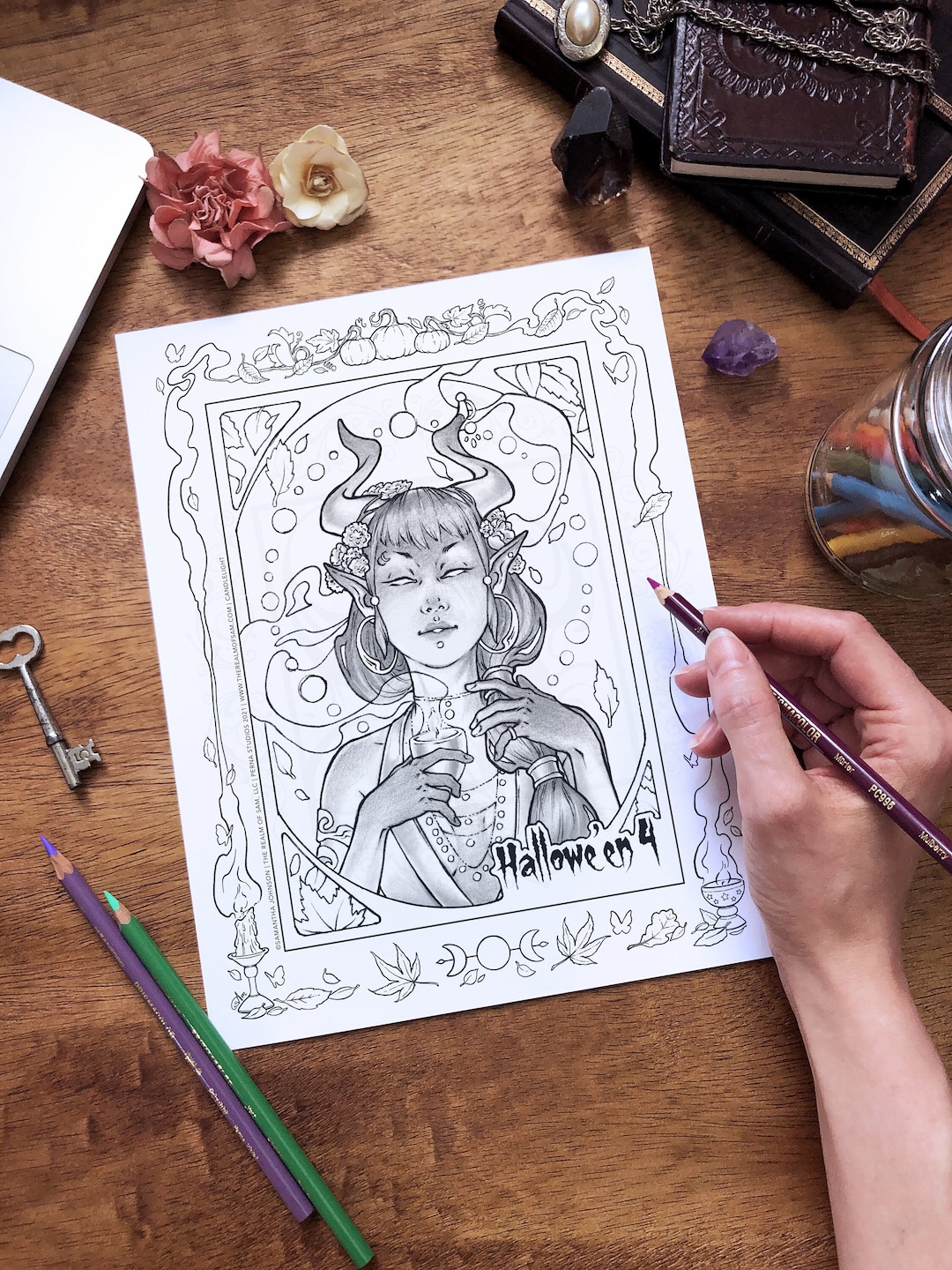 Cute Demon Girl Halloween Coloring Sheet | Art Nouveau Grayscale ...