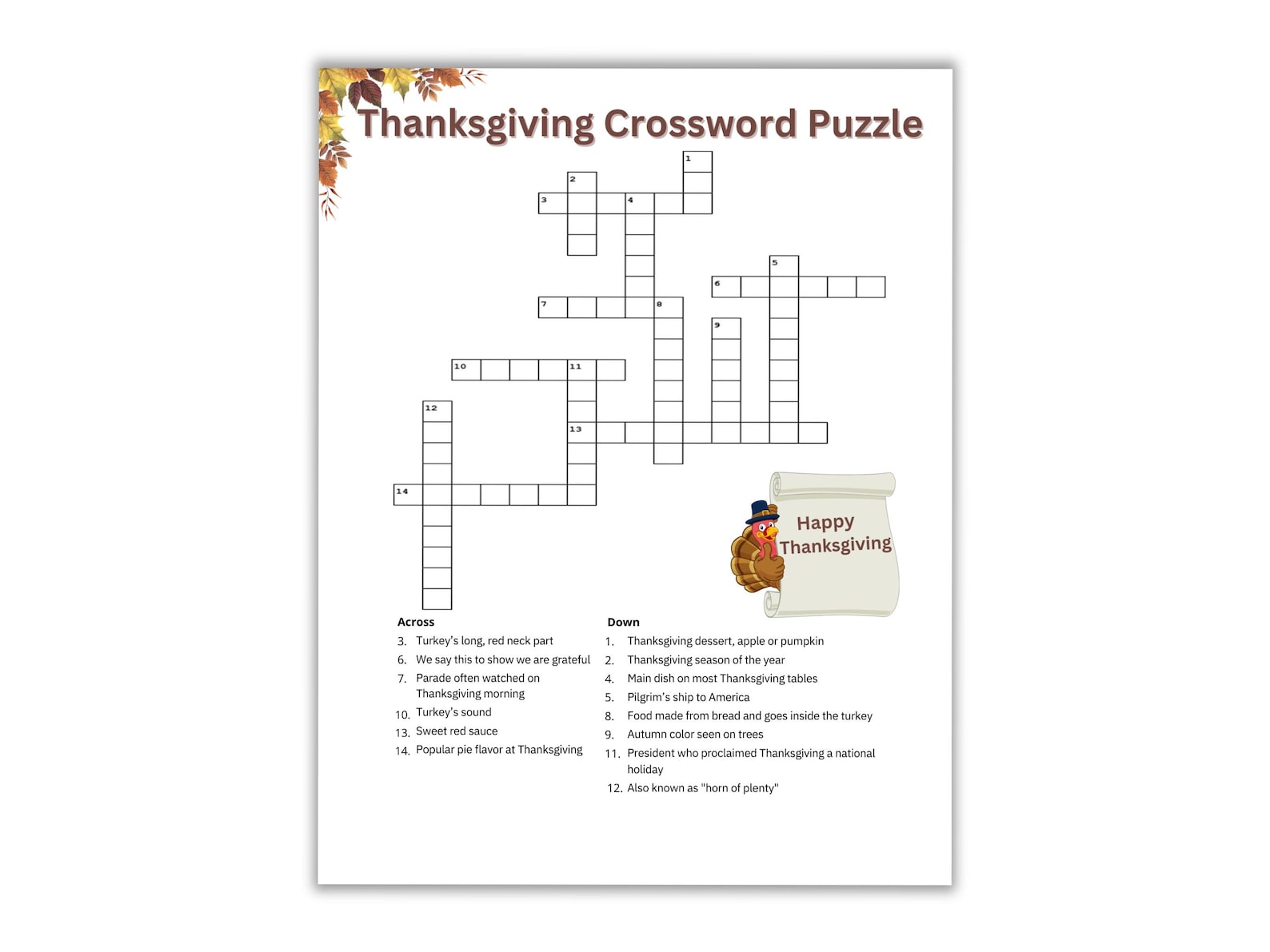 Thanksgiving Crossword Puzzle Printable Worksheet Game-kids, Adults ...