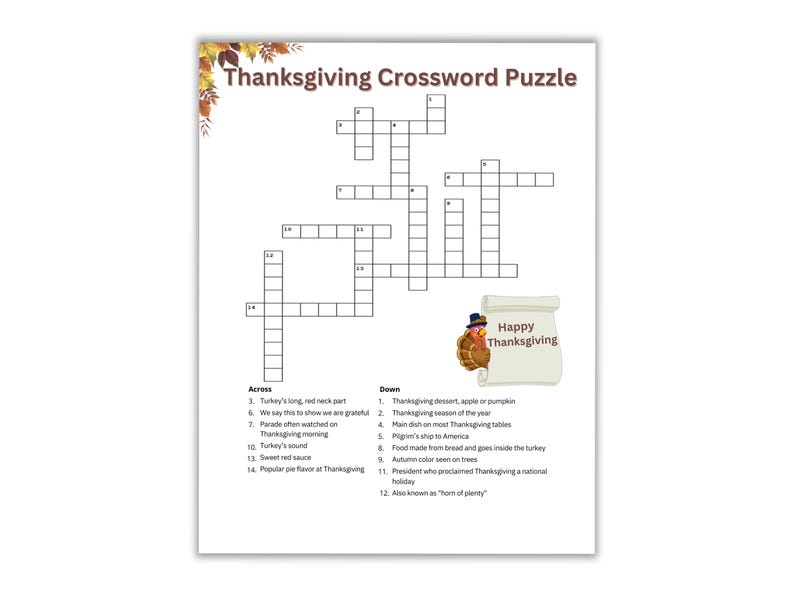 Thanksgiving Crossword Puzzle Printable Worksheet Game-kids, Adults ...