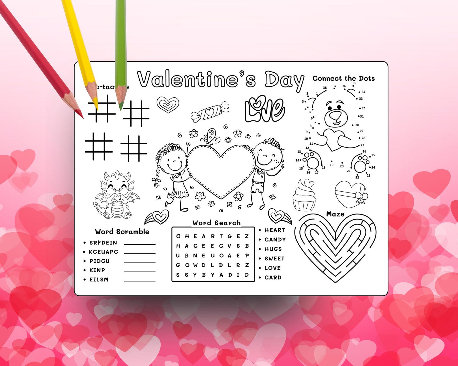 Valentine Activity Placemat, Valentine's Day Worksheet for Kids ...