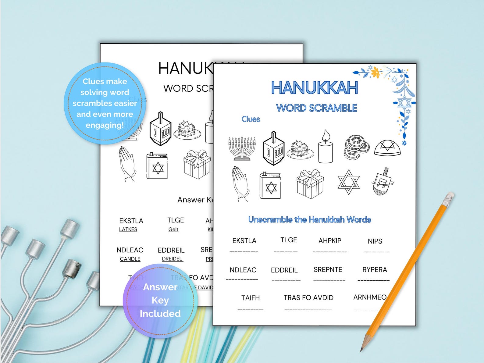 Hanukkah Word Scramble Printable Worksheet Game, Kids, Adults, and ...
