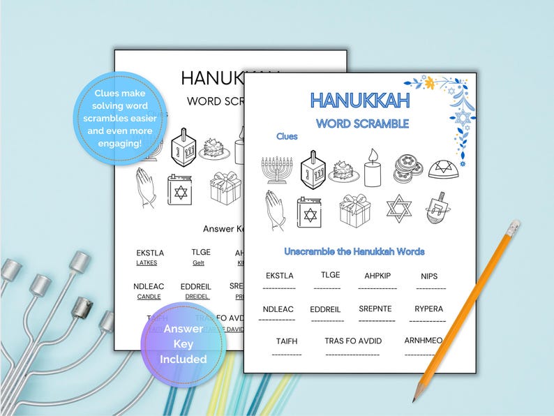 Hanukkah Word Scramble Printable Worksheet Game, Kids, Adults, and ...