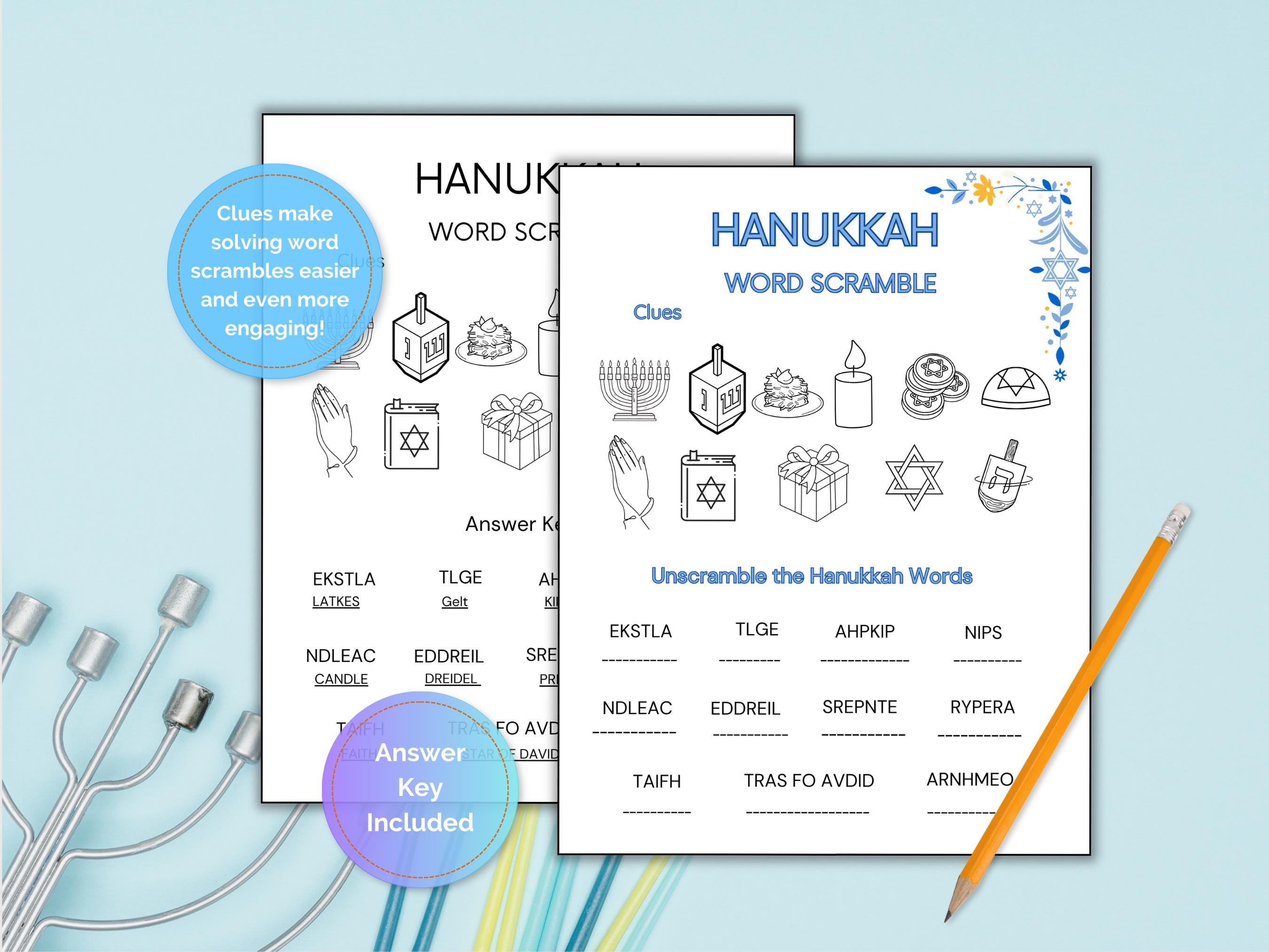 Hanukkah Word Scramble Printable Worksheet Game, Kids, Adults, and ...