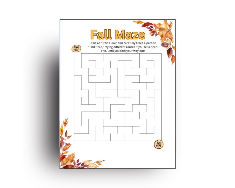 Fall Maze Worksheet for Kids and Adults, Autumn Game, Printable ...