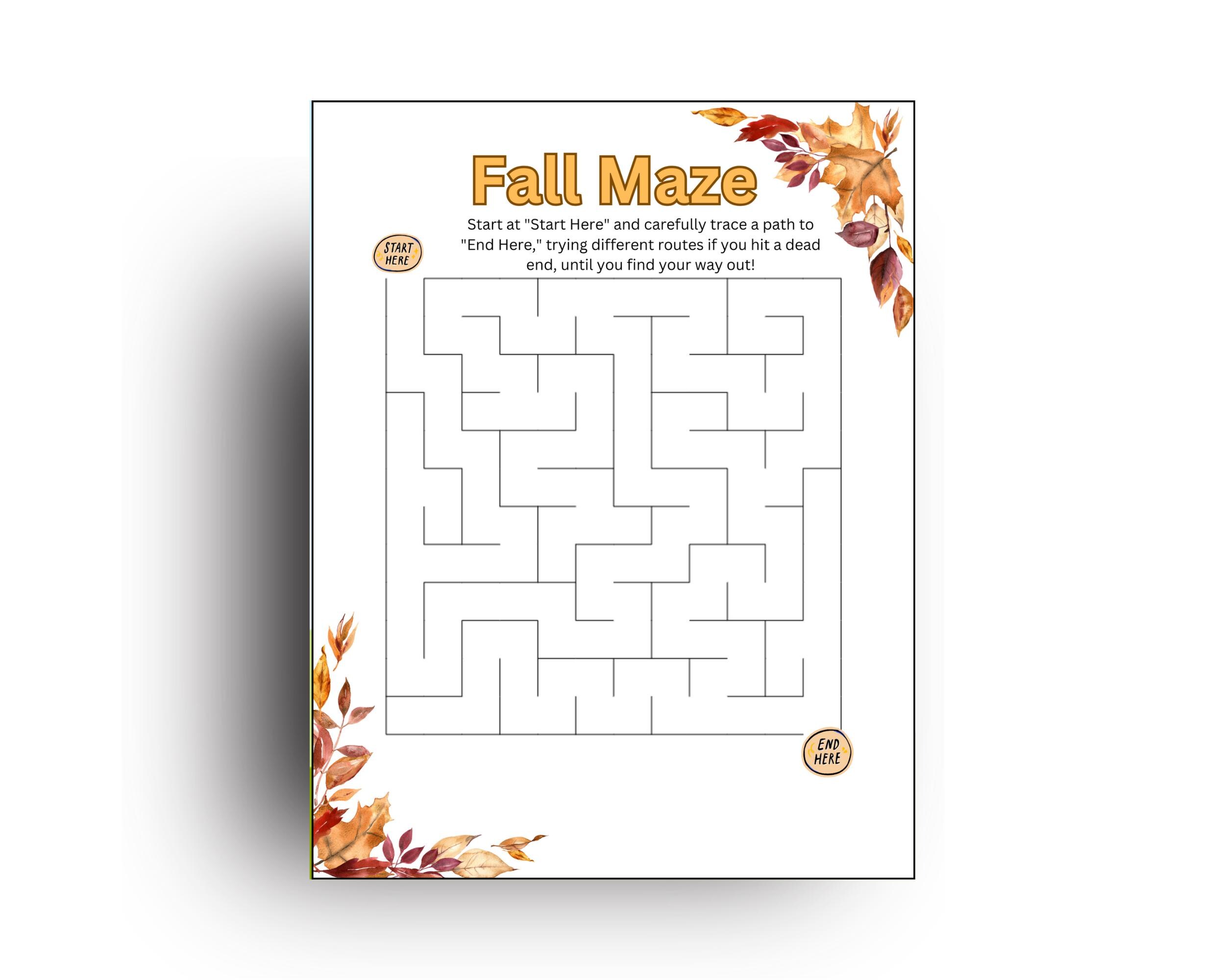 Fall Maze Worksheet for Kids and Adults, Autumn Game, Printable ...