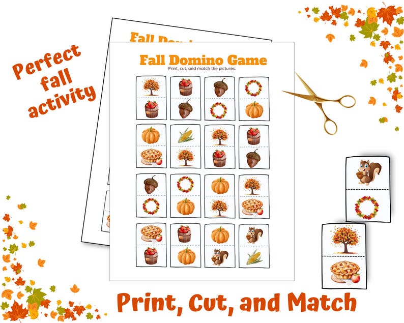 Fall Dominoes, Printable Game for Kids, Adults, and Seniors Dementia ...