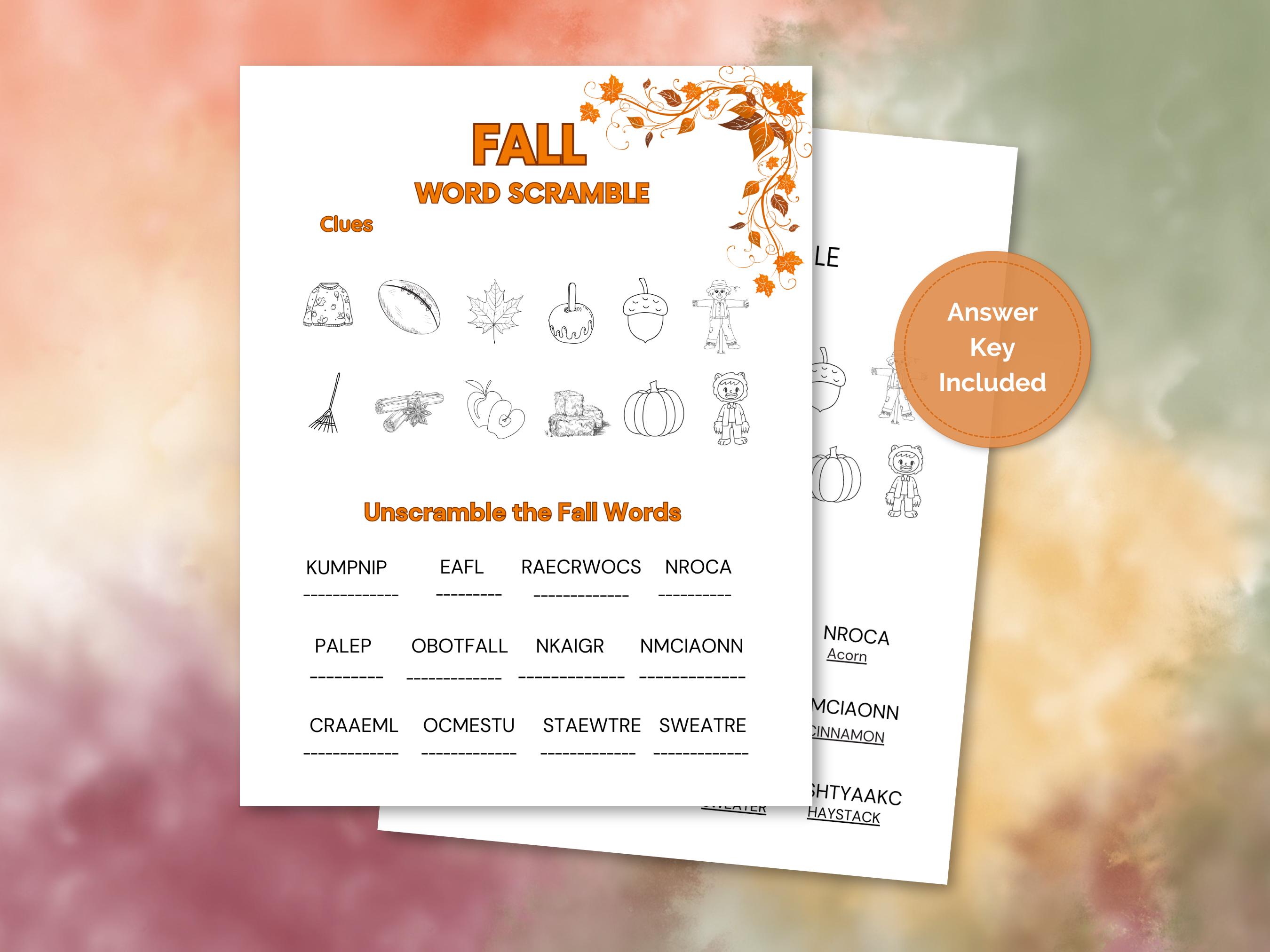 Fall Word Scramble Printable Worksheet Game-kids, Adults, Seniors ...