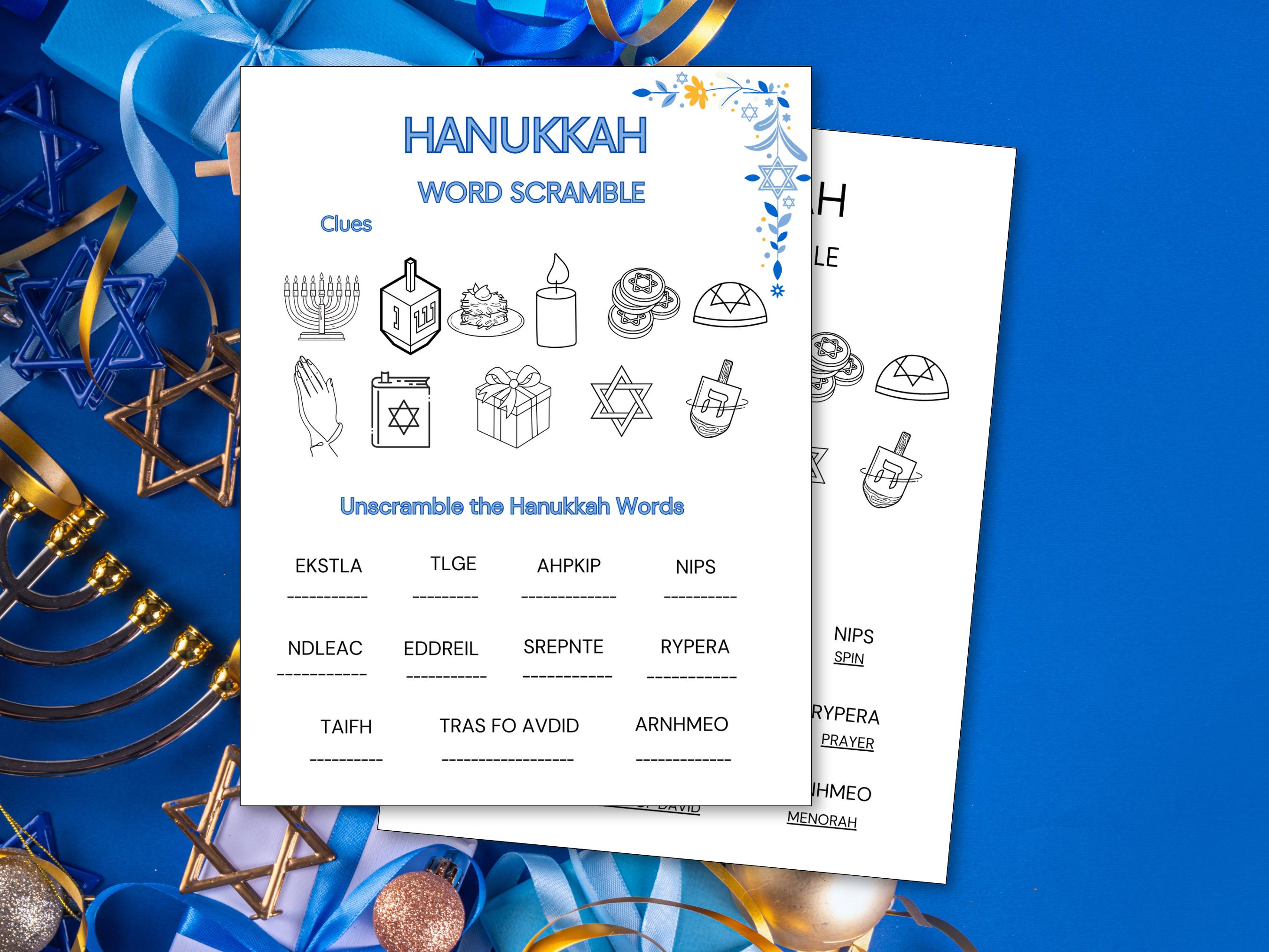 Hanukkah Word Scramble Printable Worksheet Game, Kids, Adults, and ...