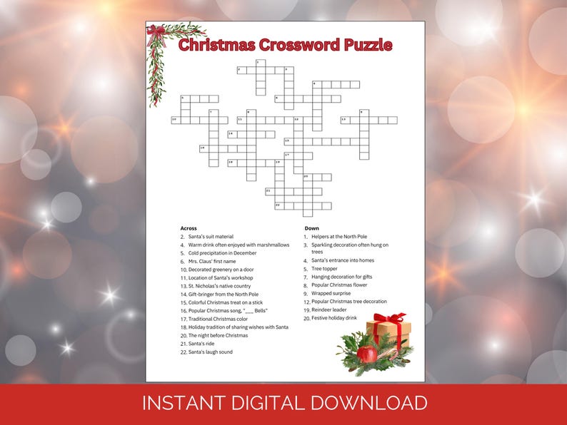 Christmas Crossword Puzzle Printable Worksheet Game-kids, Adults ...