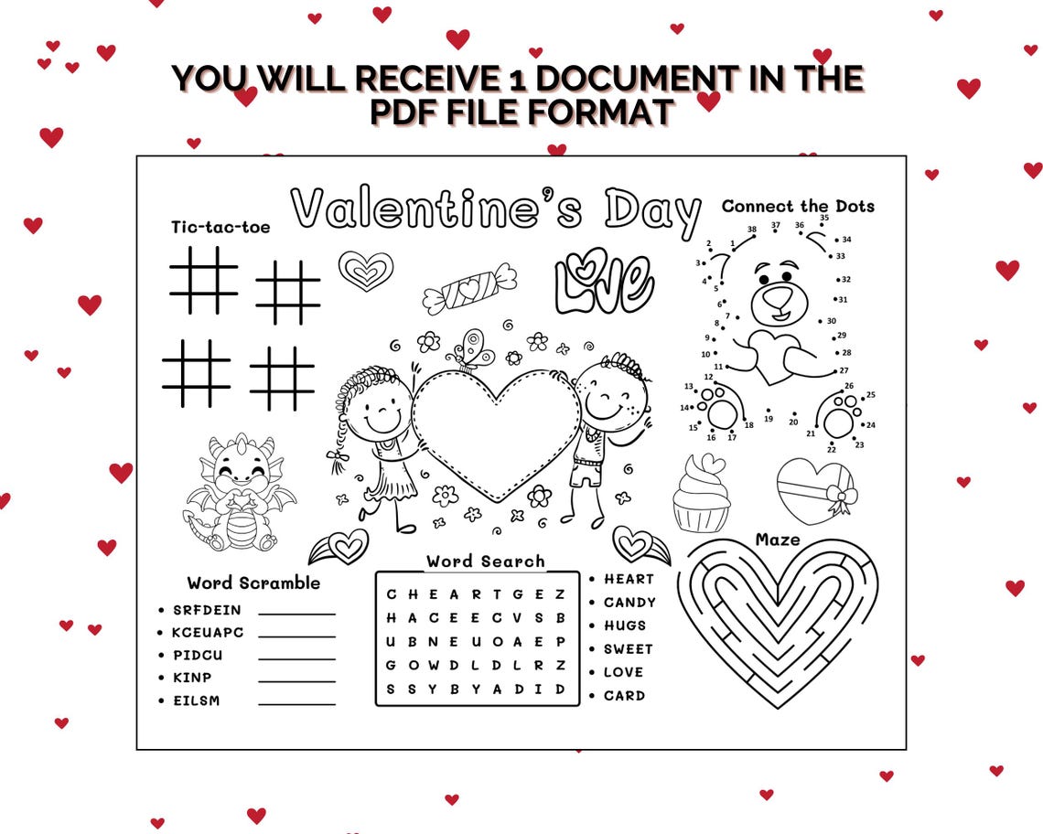 Valentine Activity Placemat, Valentine's Day Worksheet for Kids ...