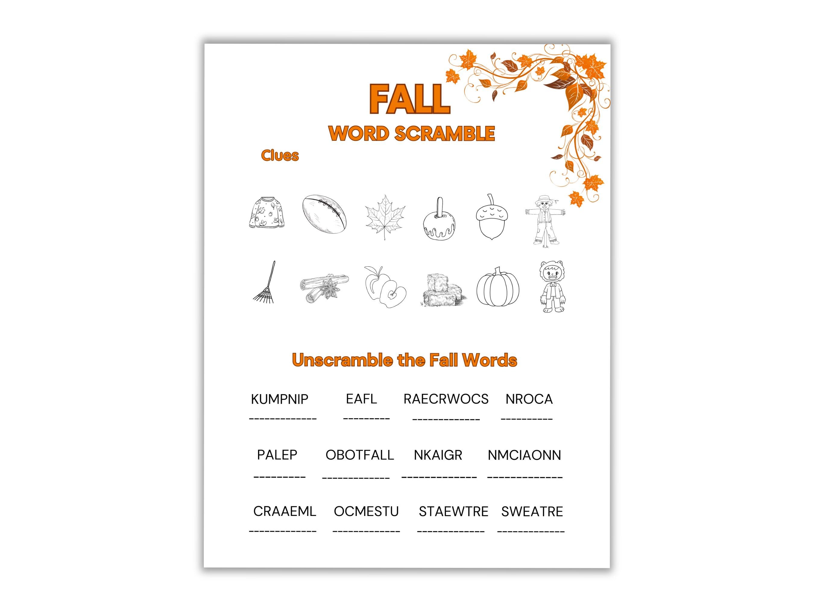 Fall Word Scramble Printable Worksheet Game-kids, Adults, Seniors ...
