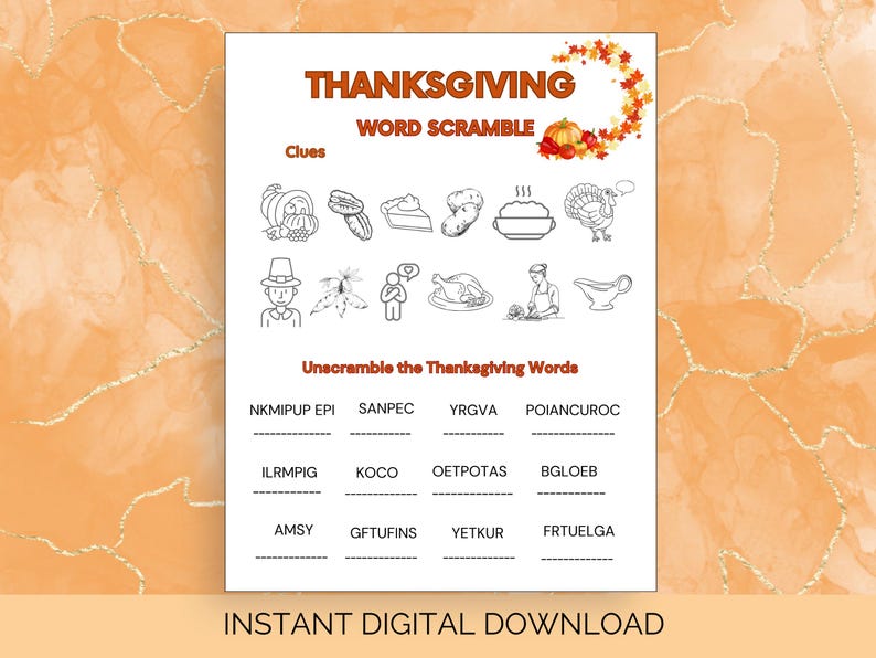 Thanksgiving Word Scramble Printable Game-kids, Adults, Seniors-fall ...