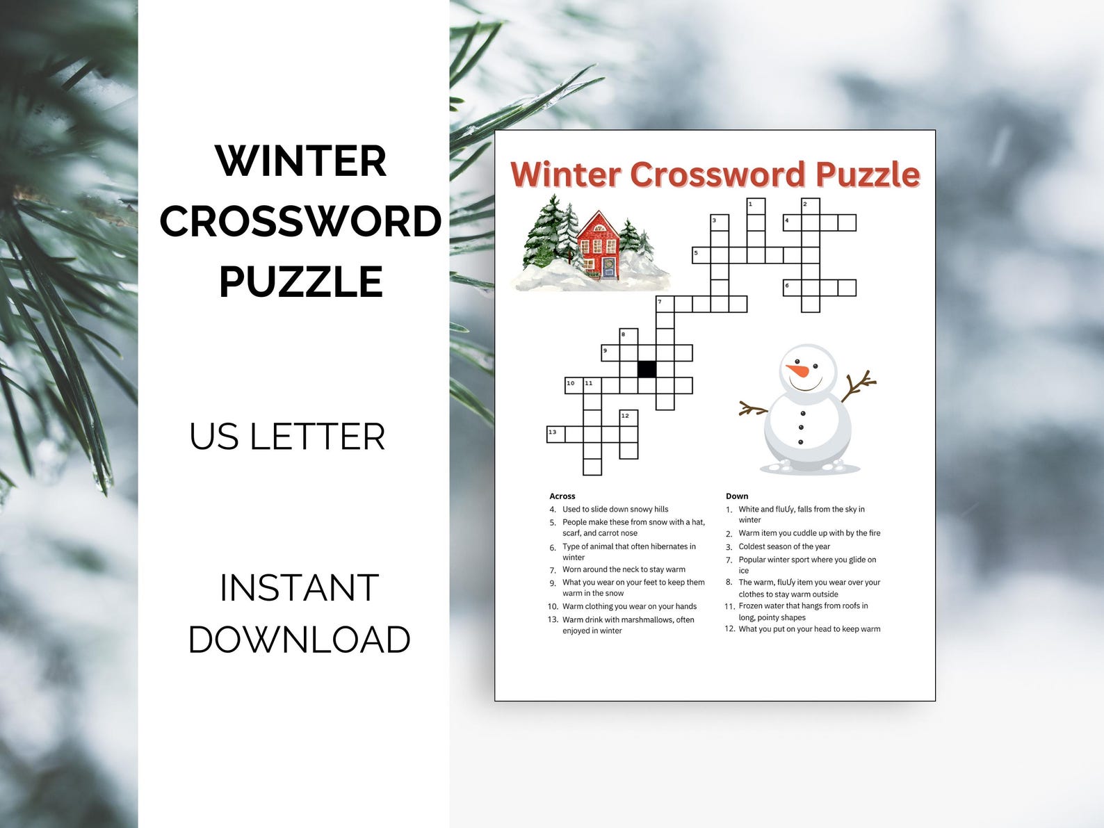 Winter Crossword Puzzle Printable Worksheet Game for Kids, Adults ...