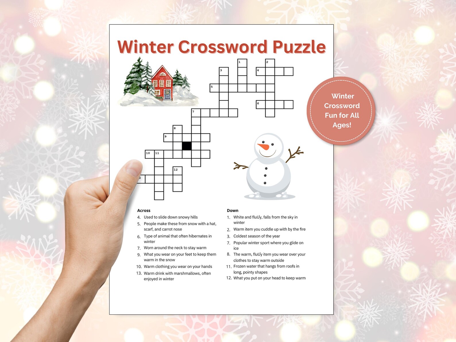 Winter Crossword Puzzle Printable Worksheet Game for Kids, Adults ...