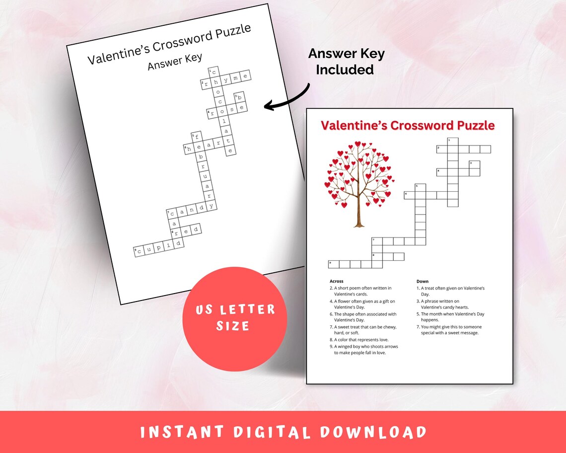 Valentine's Crossword Puzzle Printable Worksheet Game for Kids, Adults ...