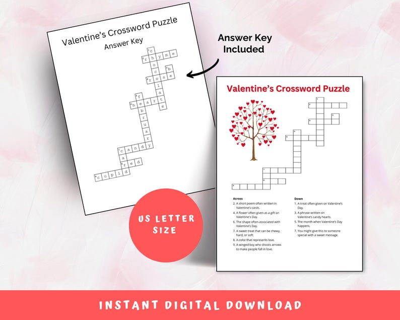 Valentine's Crossword Puzzle Printable Worksheet Game for Kids, Adults ...