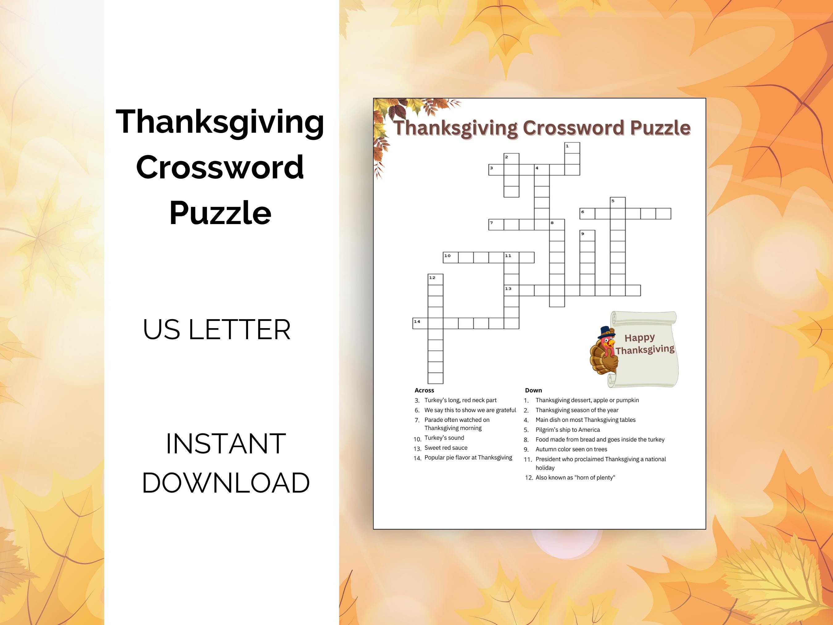 Thanksgiving Crossword Puzzle Printable Worksheet Game-kids, Adults ...