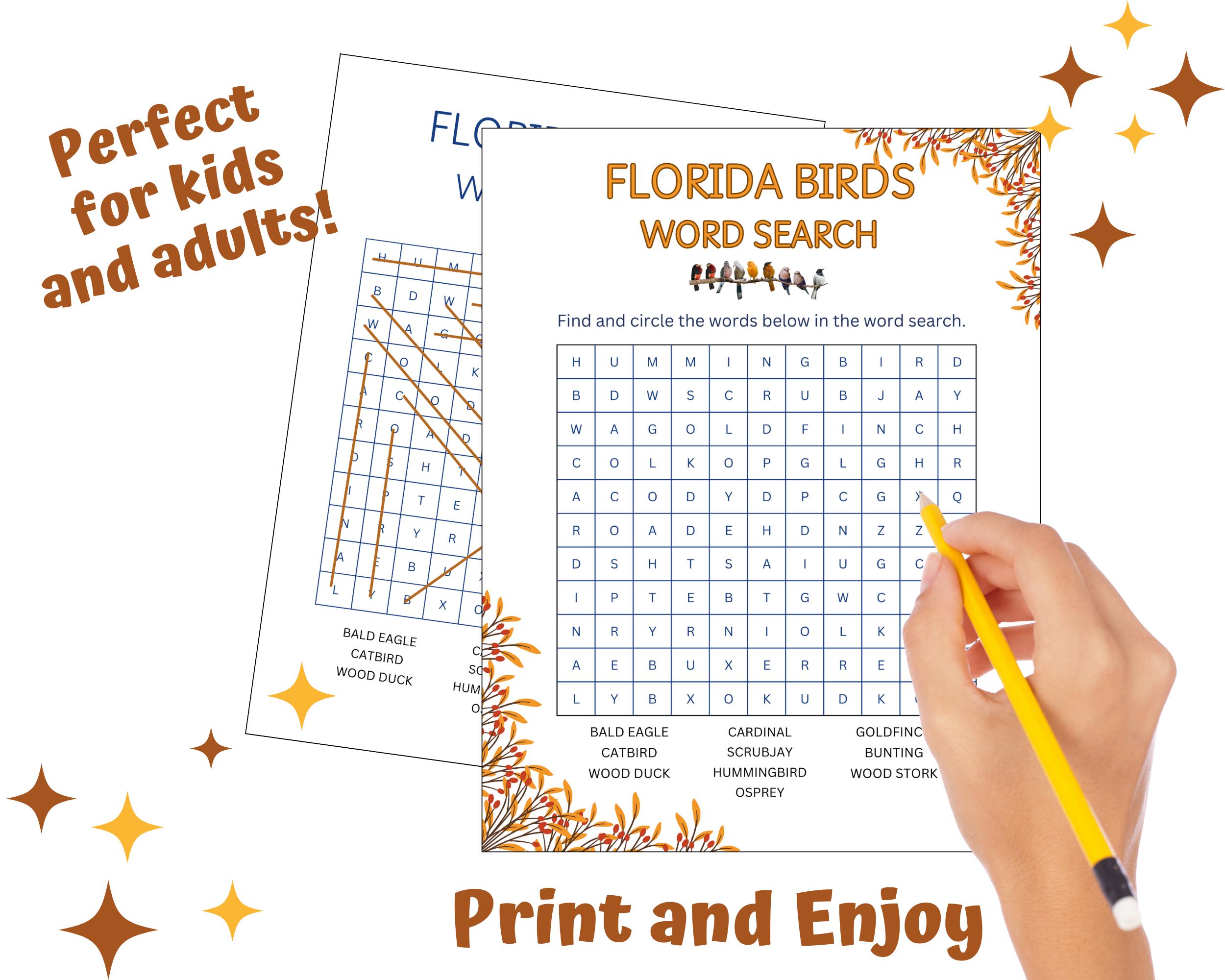 Florida Birds Word Search Game, Printable Worksheet Word Search Puzzle ...
