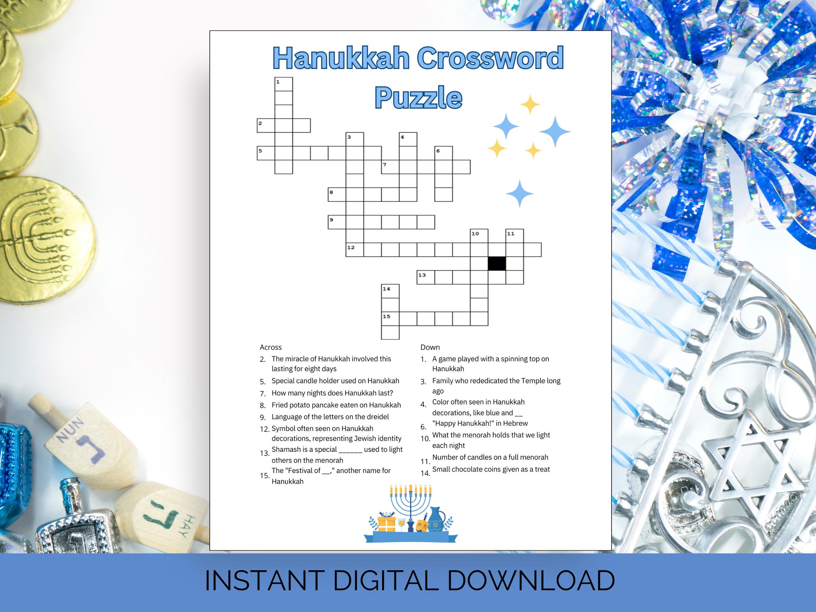 Hanukkah Crossword Puzzle Printable Worksheet Game-kids, Adults ...