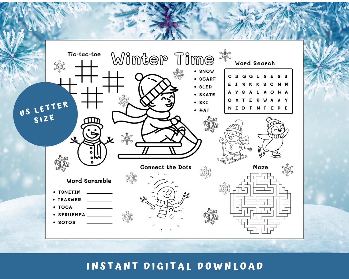 Winter Activity Placemat Worksheet, Printable Winter Coloring Placemat ...
