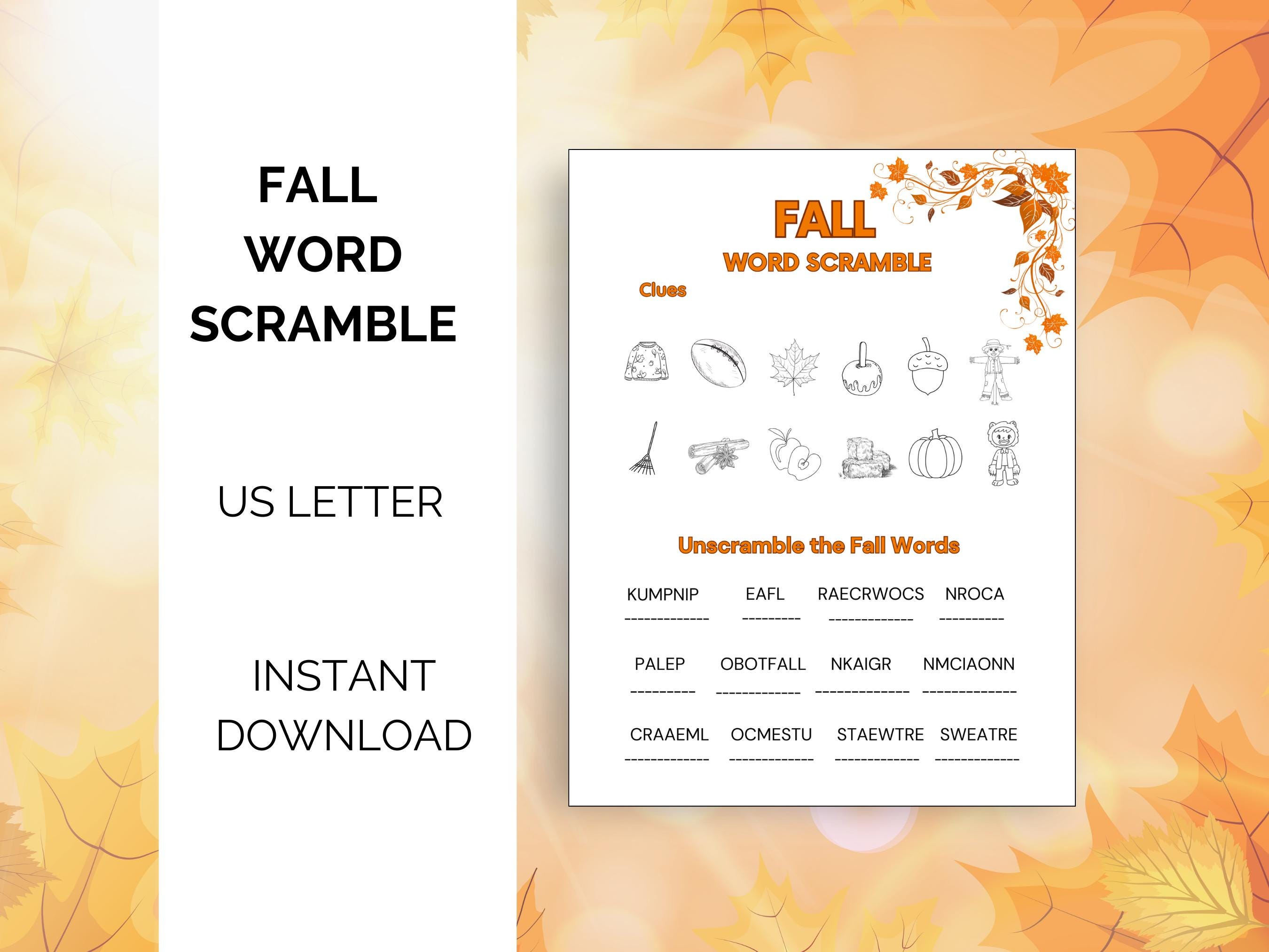 Fall Word Scramble Printable Worksheet Game-kids, Adults, Seniors ...