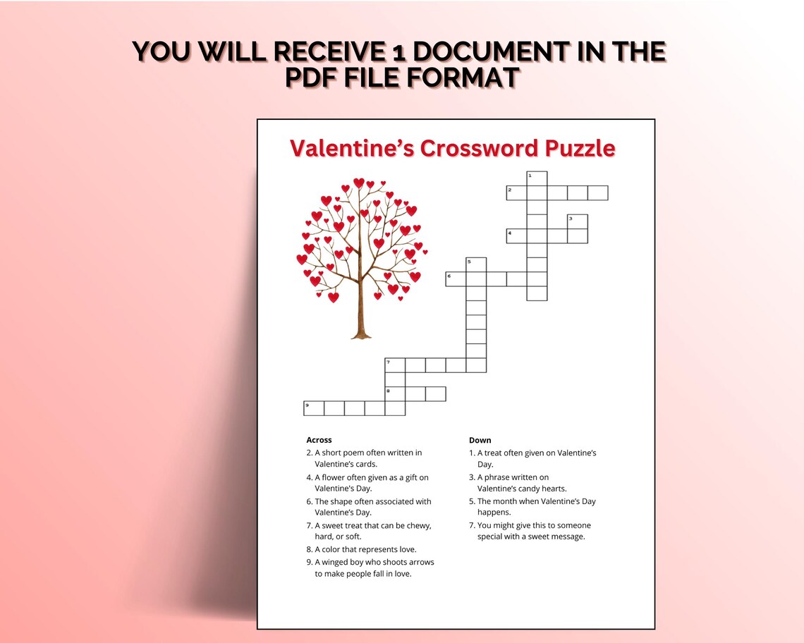 Valentine's Crossword Puzzle Printable Worksheet Game for Kids, Adults ...