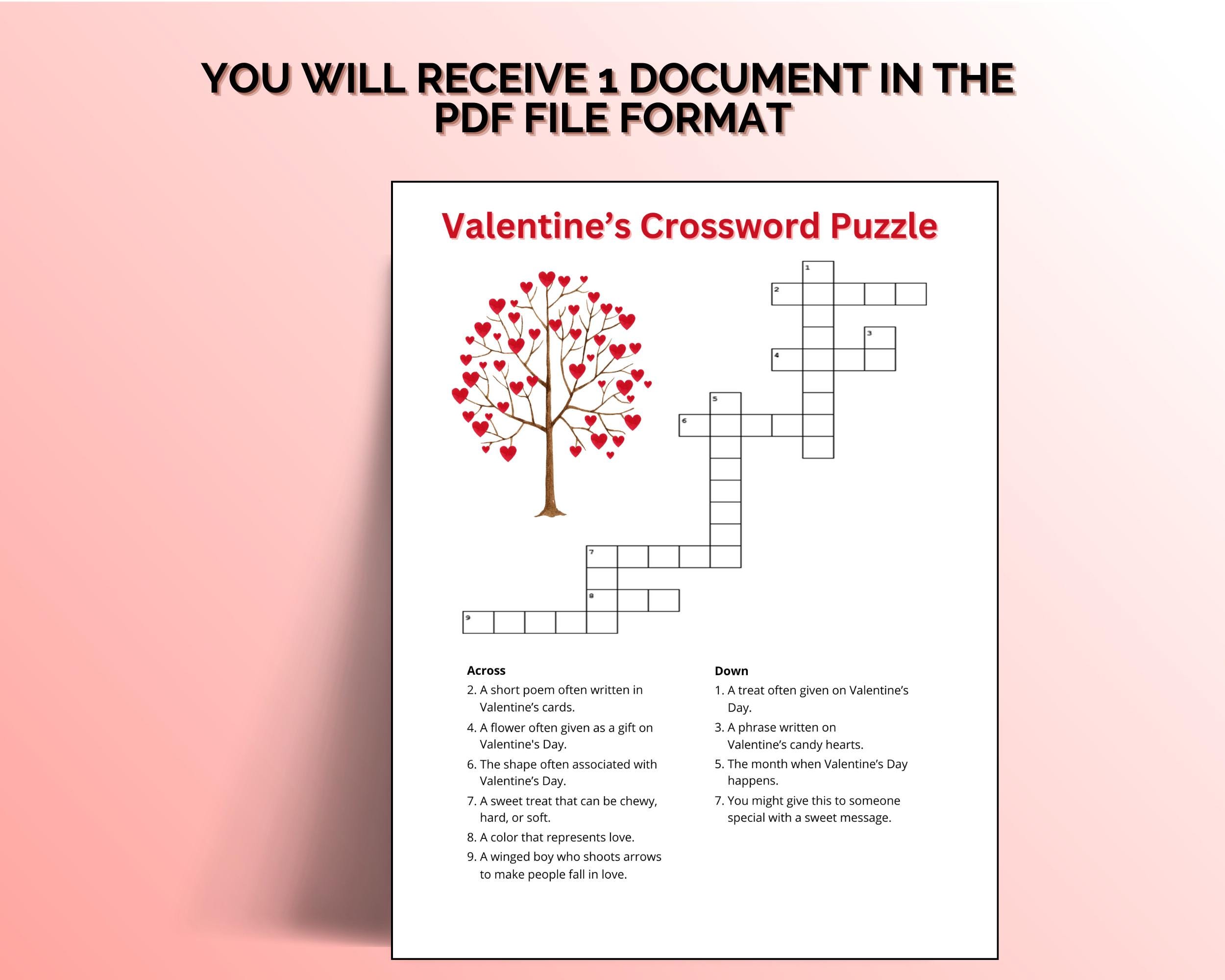 Valentine's Crossword Puzzle Printable Worksheet Game for Kids, Adults ...