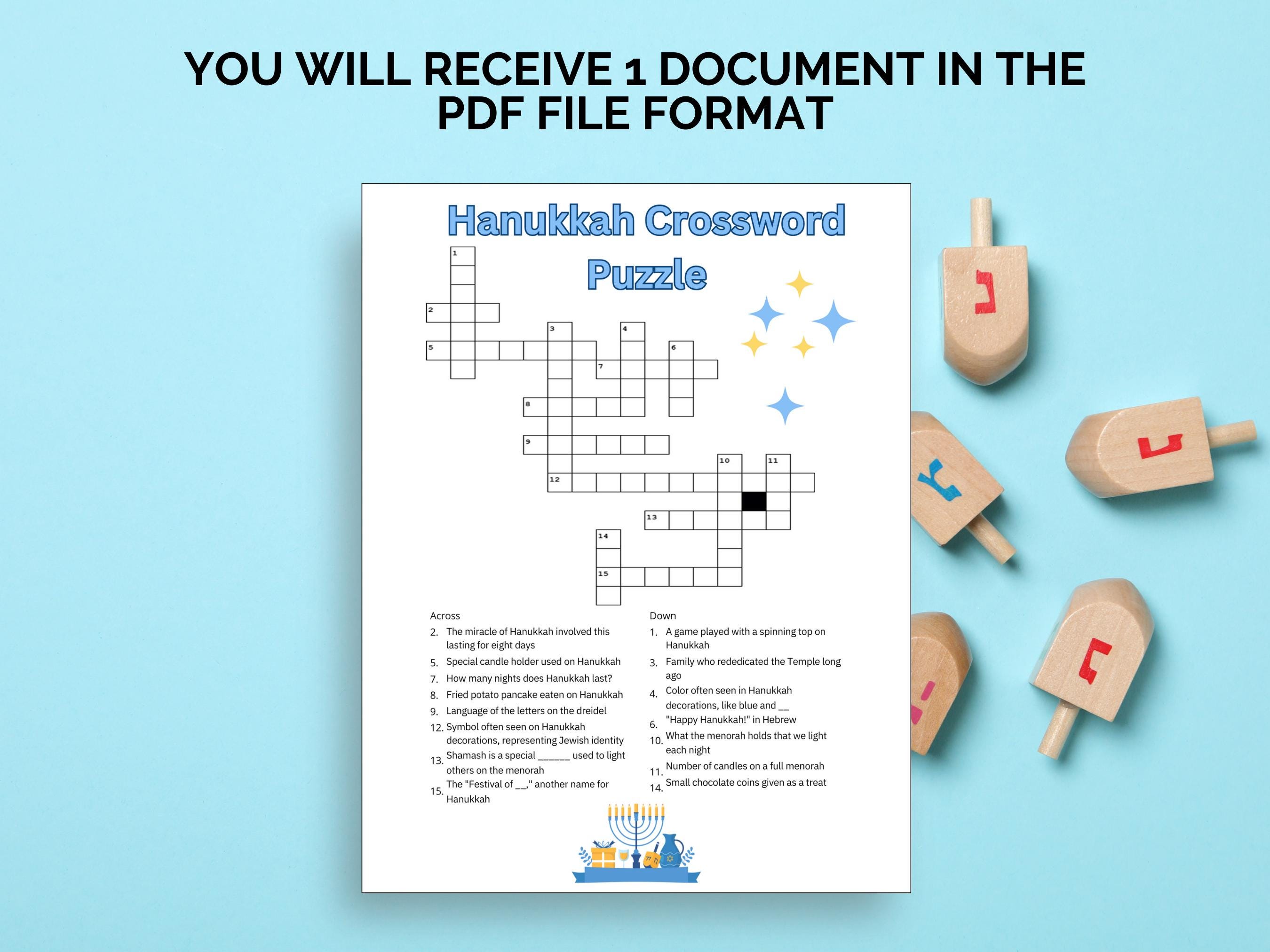 Hanukkah Crossword Puzzle Printable Worksheet Game-kids, Adults ...