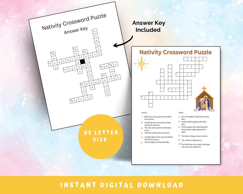 Nativity Crossword Puzzle Printable Worksheet, Christmas Crossword ...