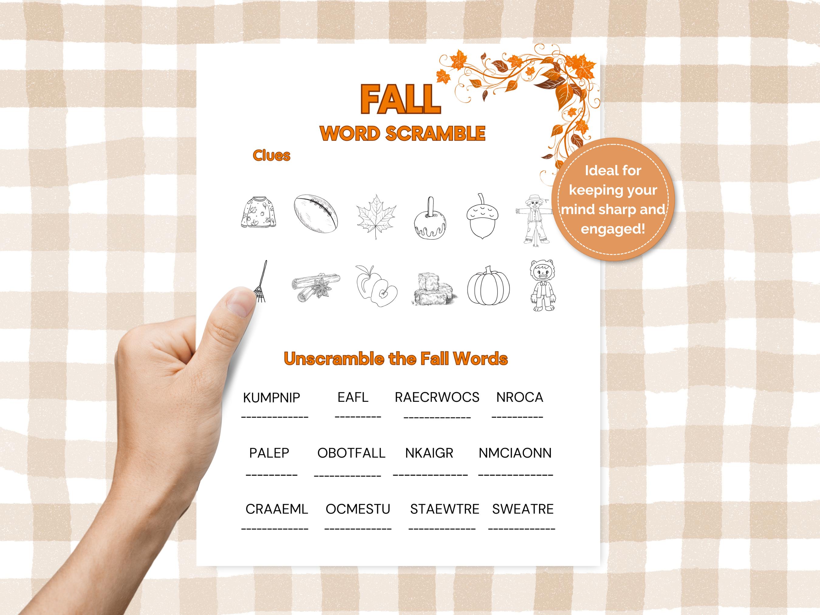 Fall Word Scramble Printable Worksheet Game-kids, Adults, Seniors ...