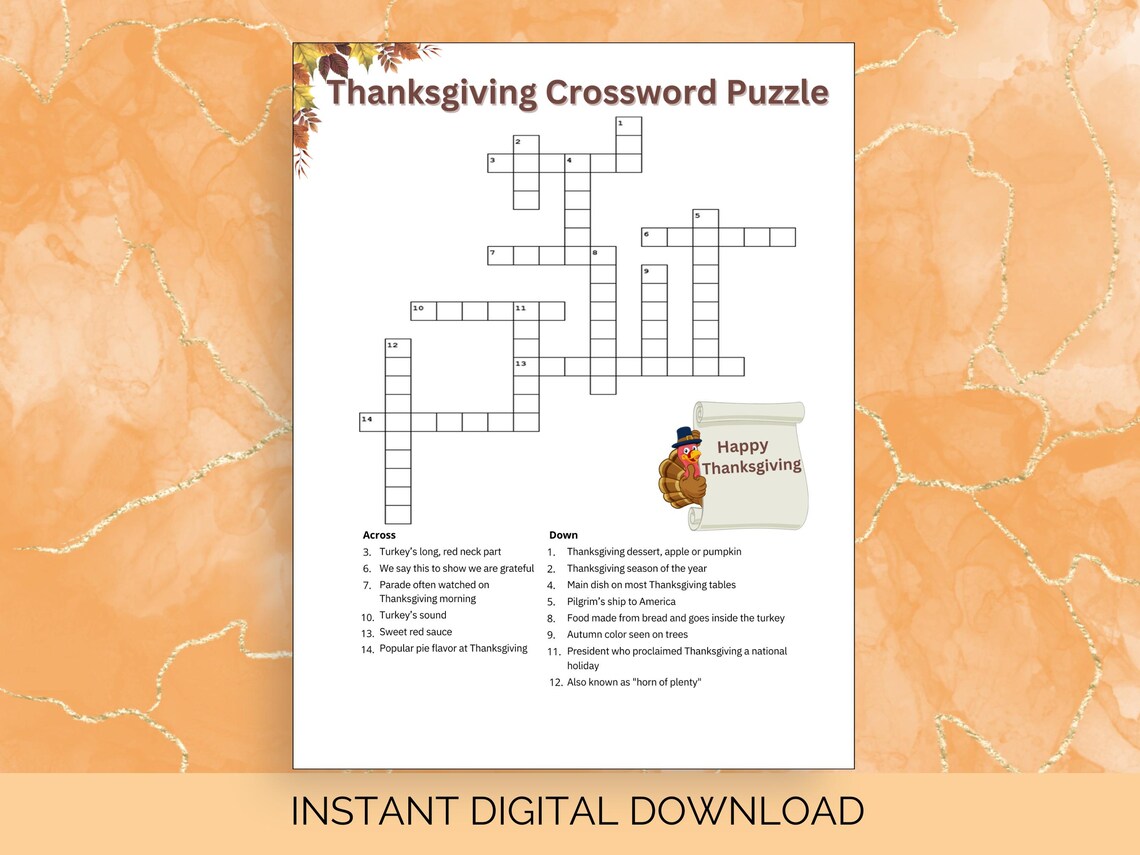 Thanksgiving Crossword Puzzle Printable Worksheet Game-kids, Adults ...