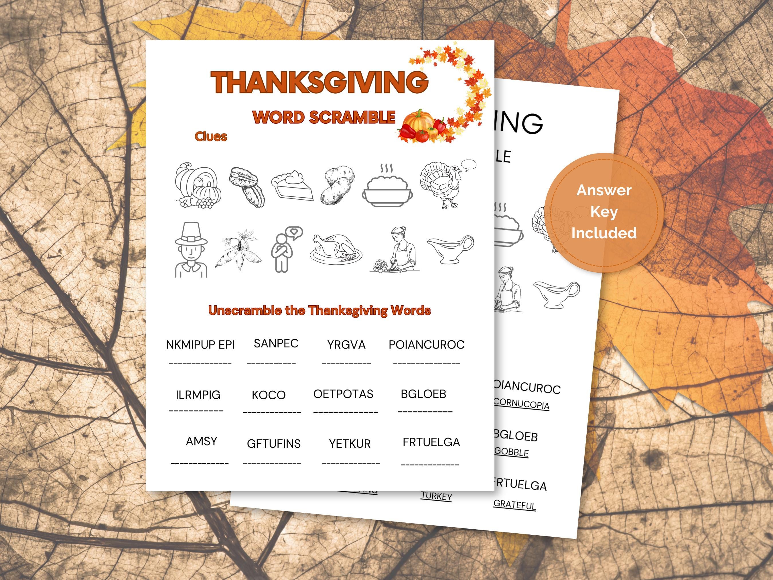 Thanksgiving Word Scramble Printable Worksheet Game-kids, Adults ...