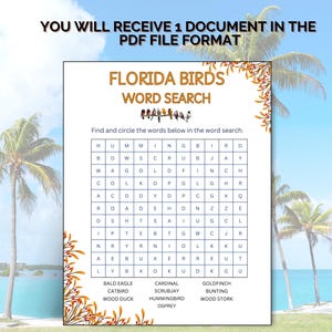 Florida Birds Word Search Game, Printable Worksheet Word Search Puzzle ...