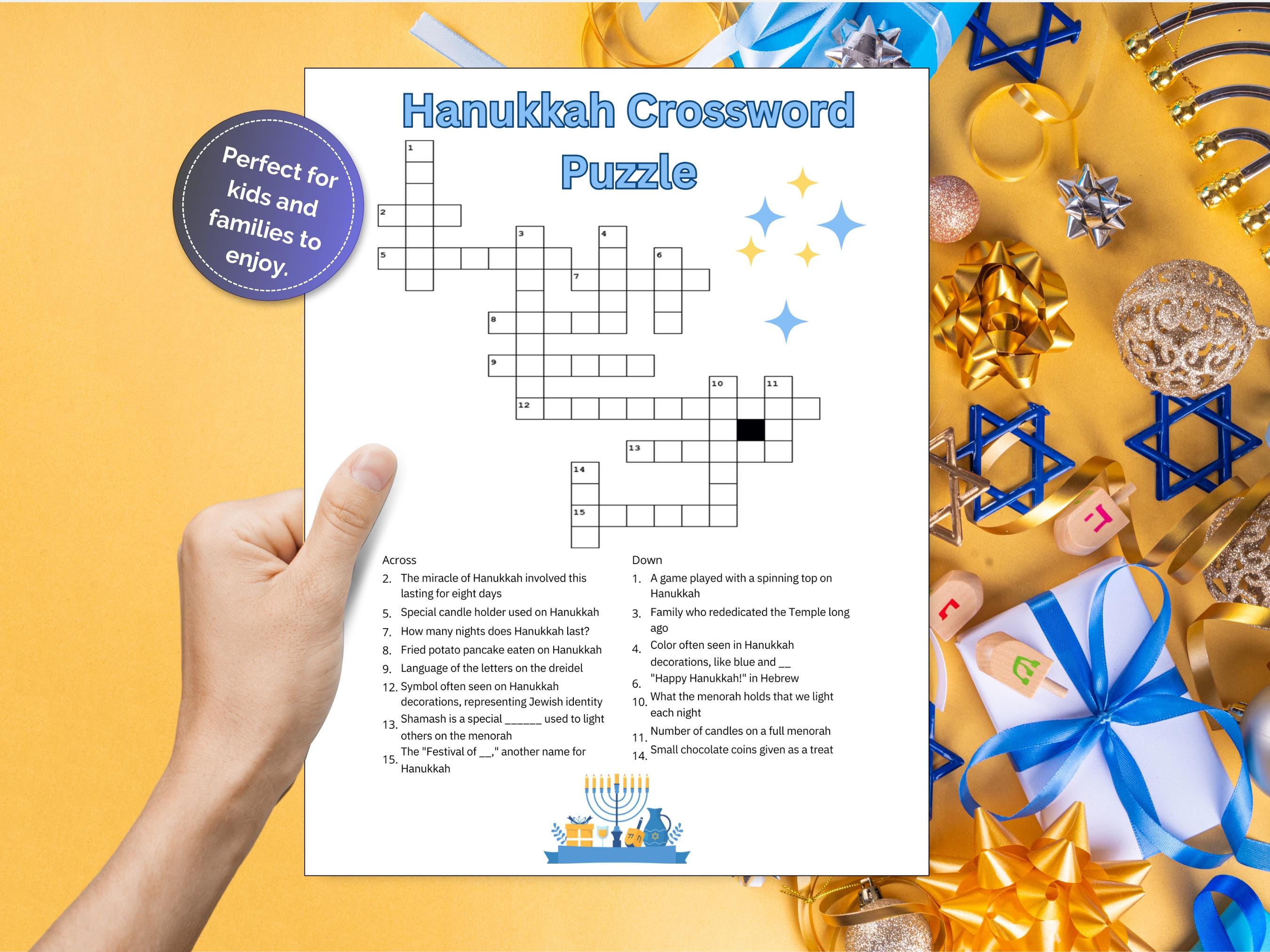 Hanukkah Crossword Puzzle Printable Worksheet Game-kids, Adults ...