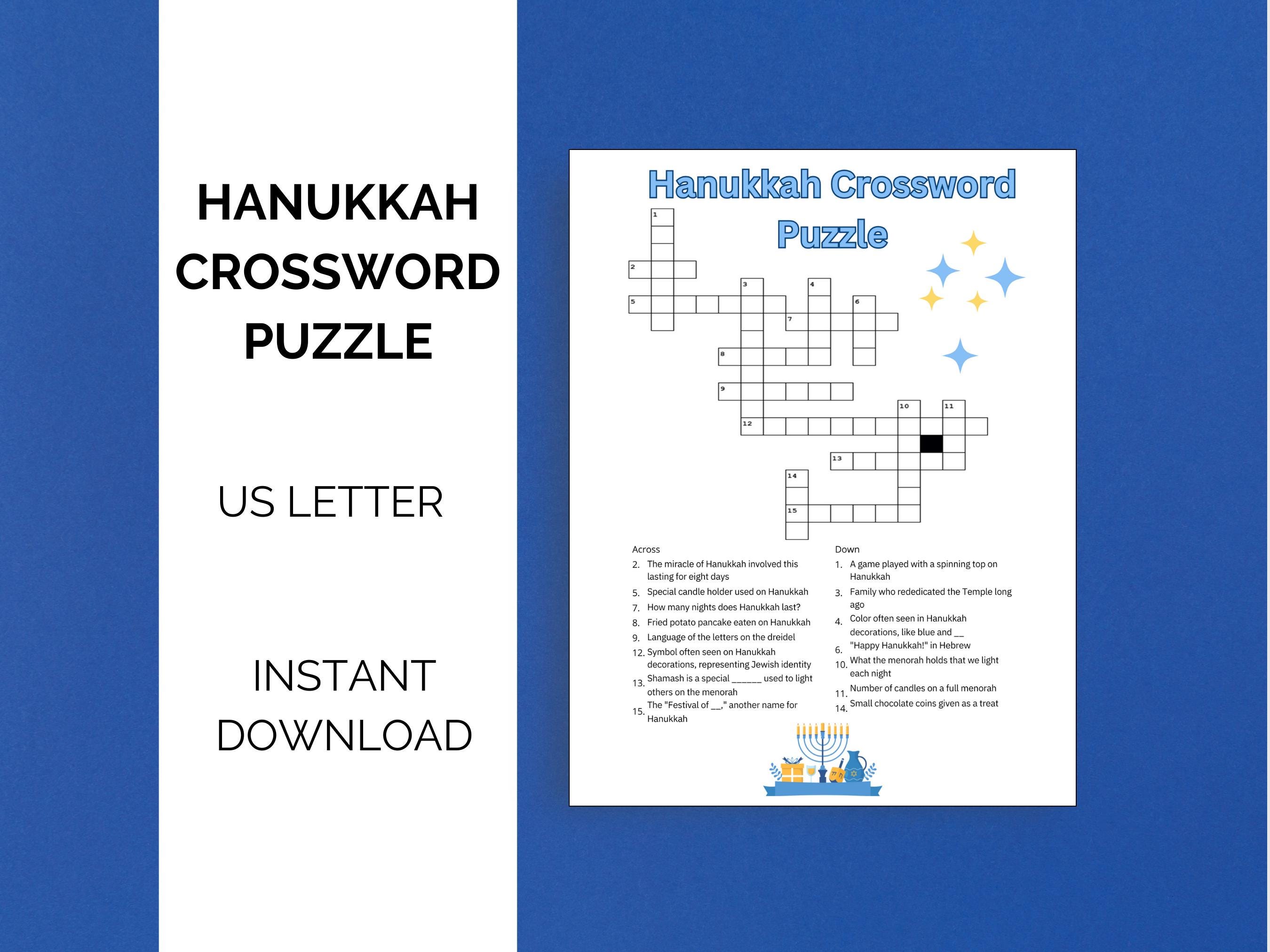 Hanukkah Crossword Puzzle Printable Worksheet Game-kids, Adults ...