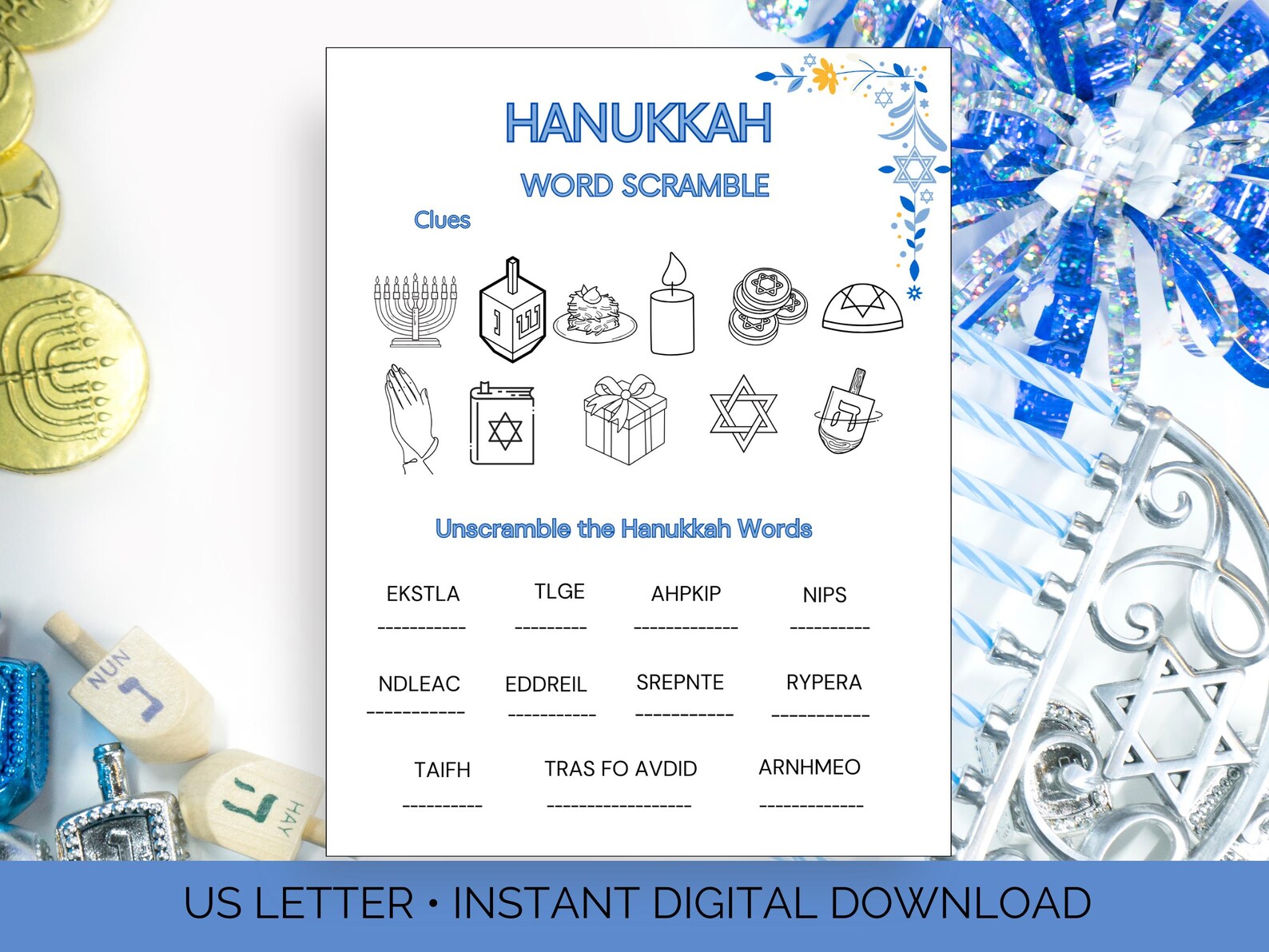 Hanukkah Word Scramble Printable Worksheet Game, Kids, Adults, and ...