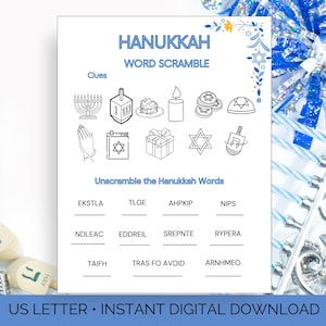 Hanukkah Word Scramble Printable Worksheet Game, Kids, Adults, and ...