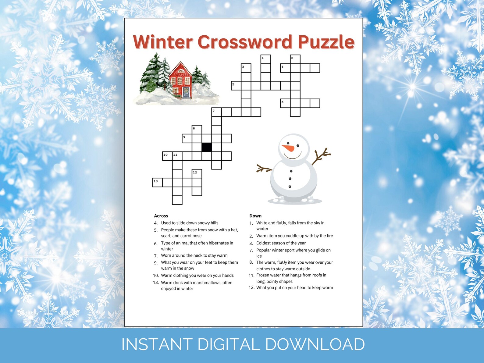 Winter Crossword Puzzle Printable Worksheet Game for Kids, Adults ...