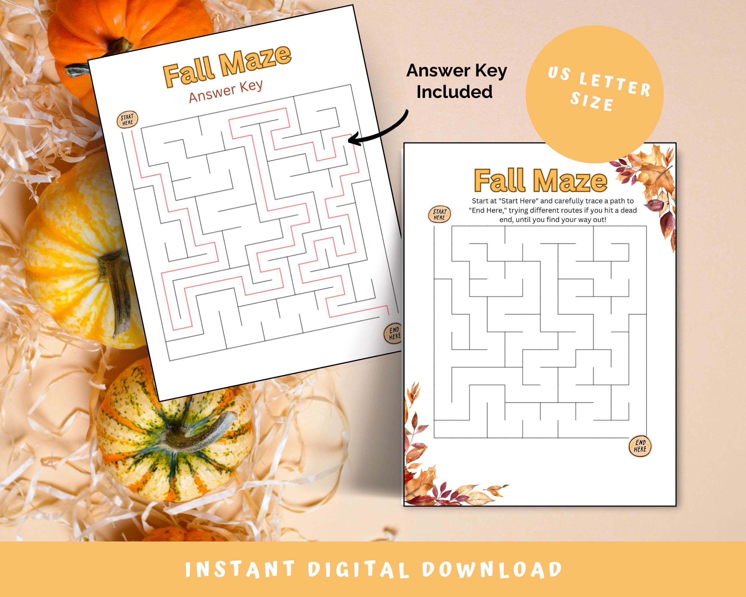 Fall Maze Worksheet for Kids and Adults, Autumn Game, Printable ...