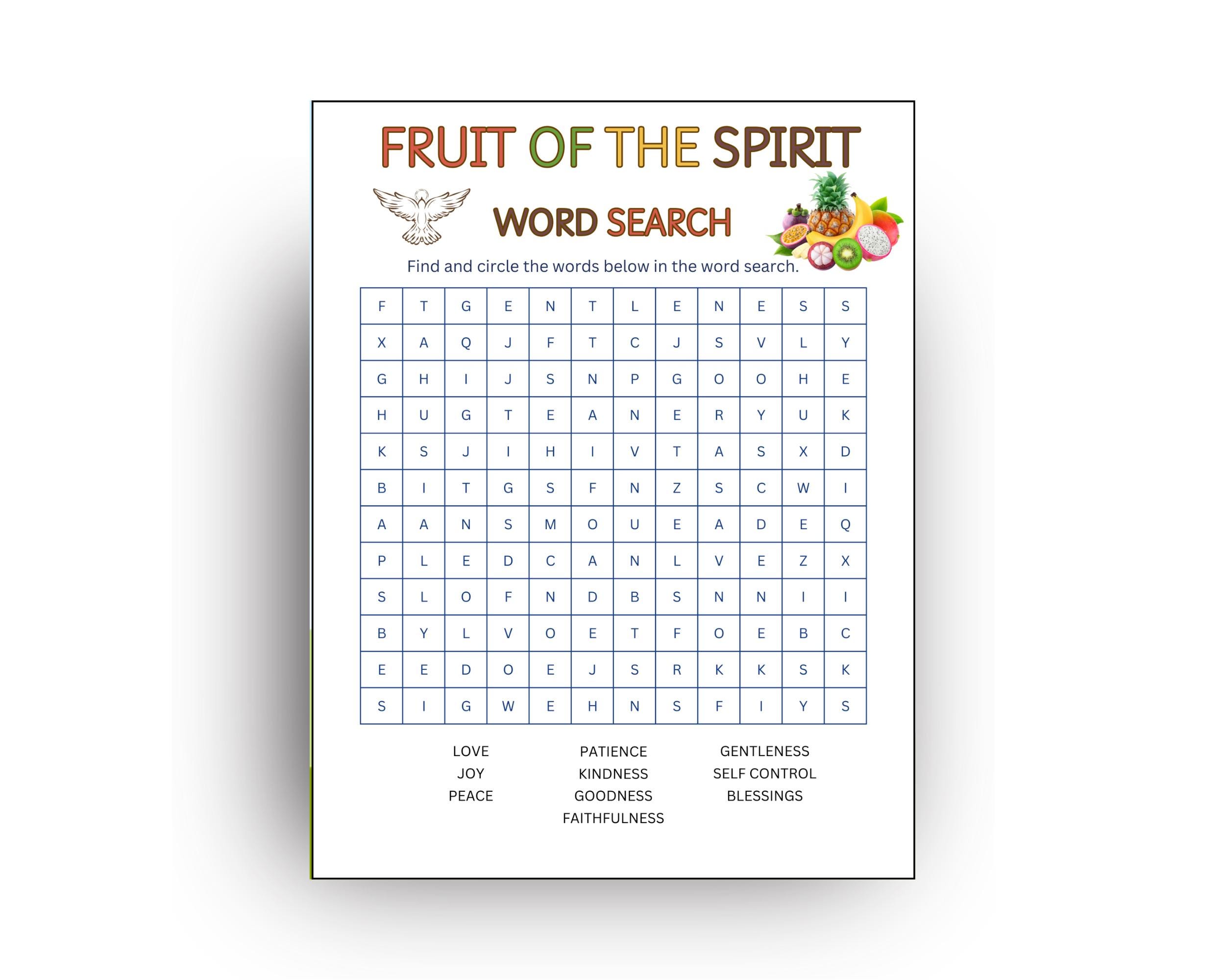 Fruit of the Spirit Word Search Printable Worksheet Game for Kids ...
