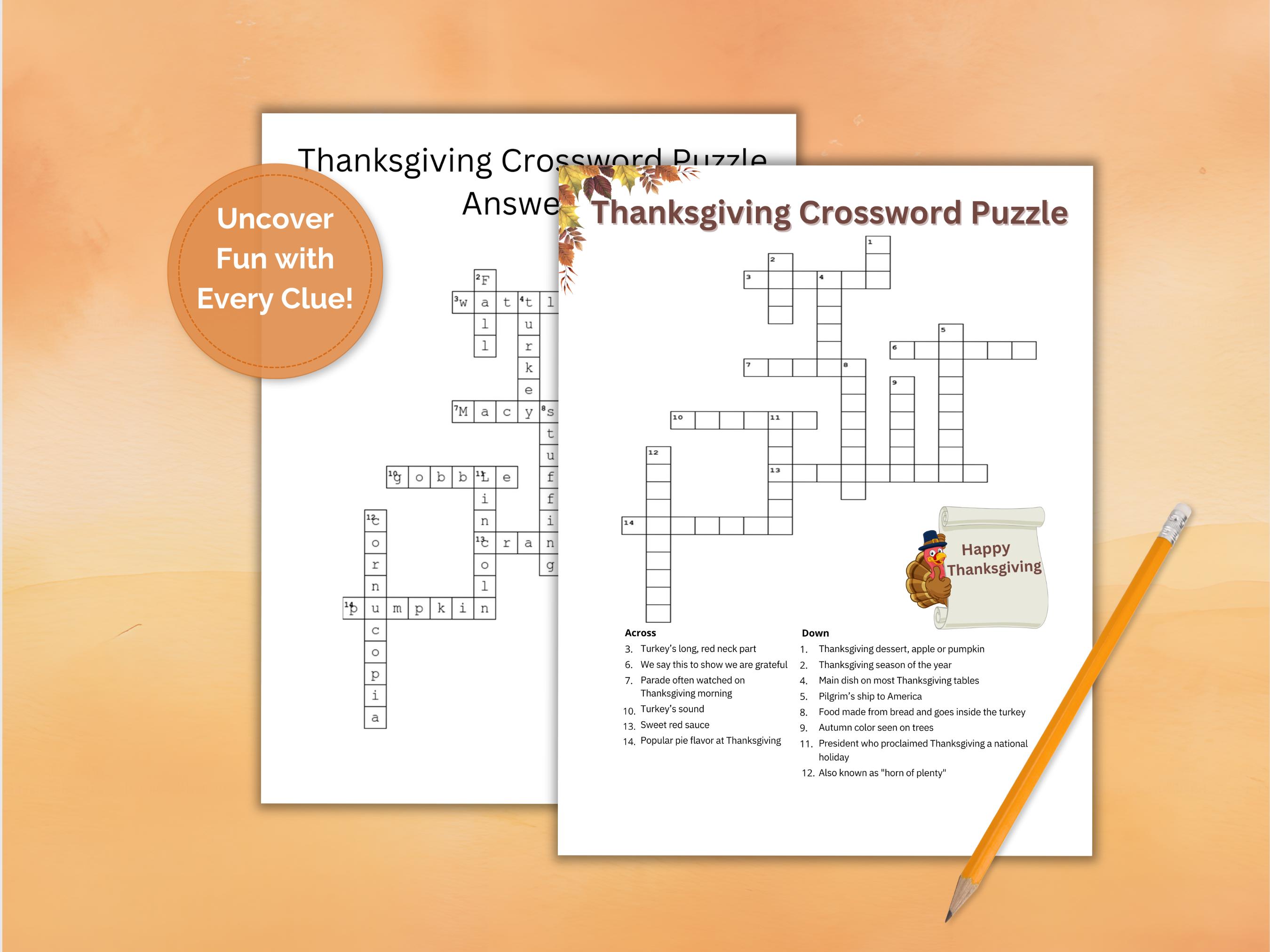 Thanksgiving Crossword Puzzle Printable Worksheet Game-kids, Adults ...