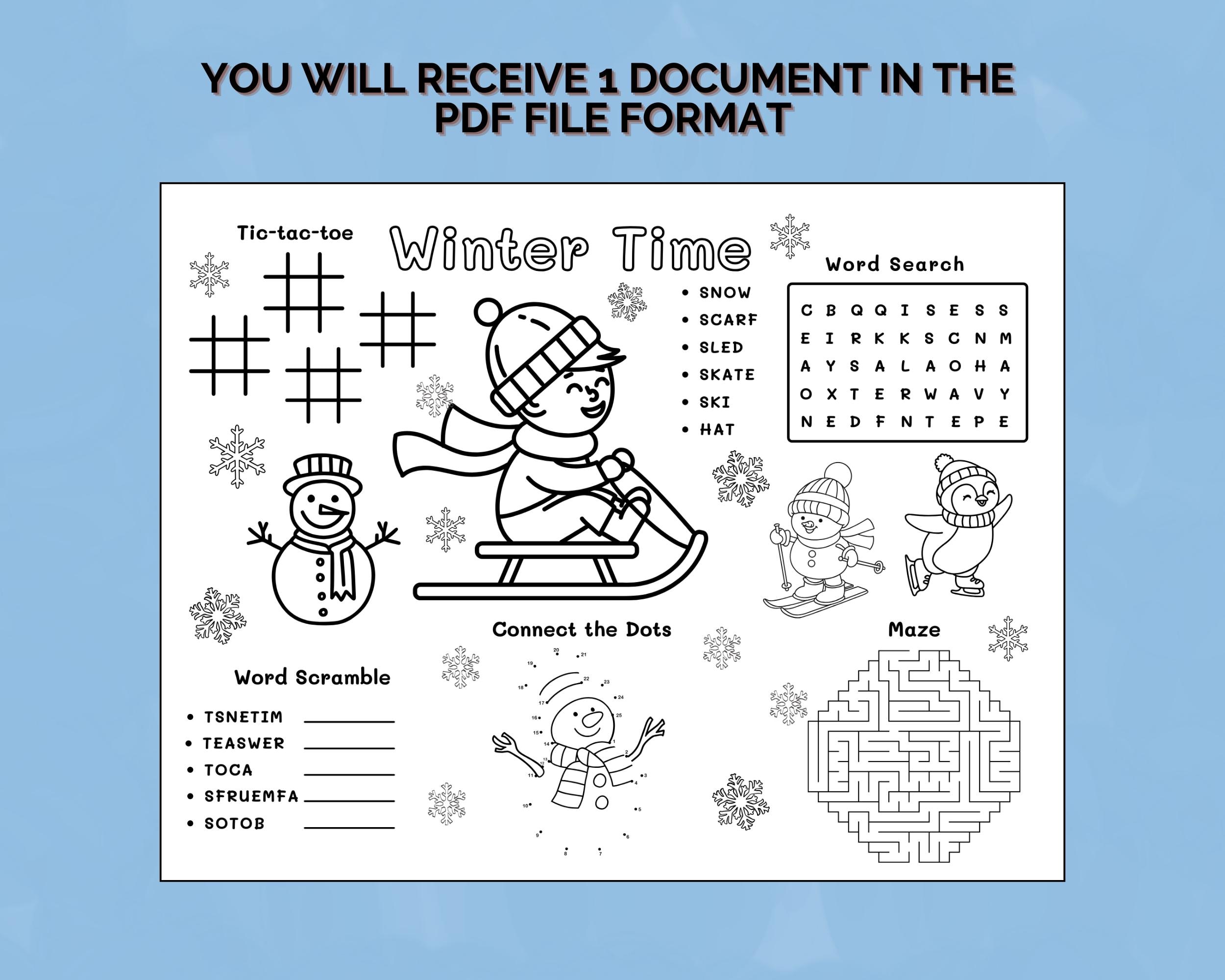 Winter Activity Placemat Worksheet, Printable Winter Coloring Placemat ...