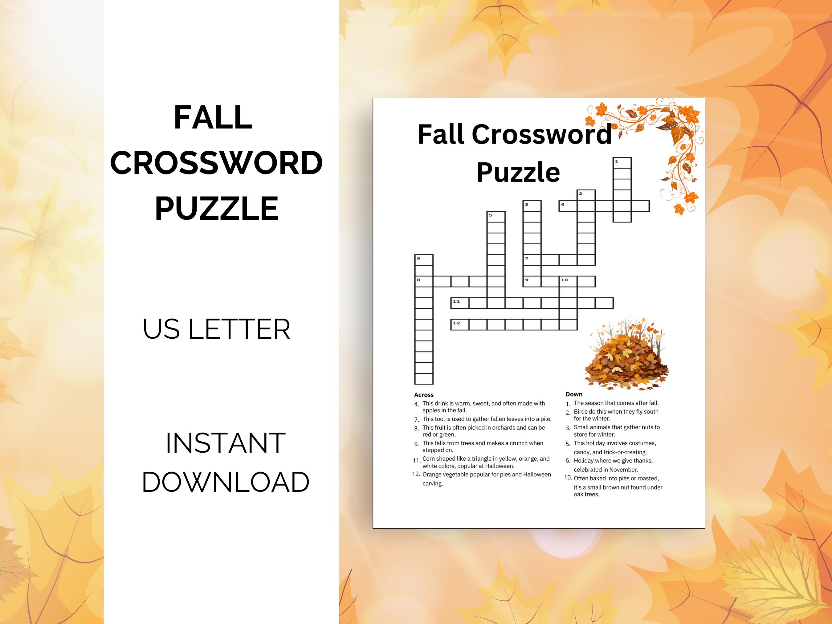 Fall Crossword Puzzle Printable Game-autumn Game-for Adults, Kids ...