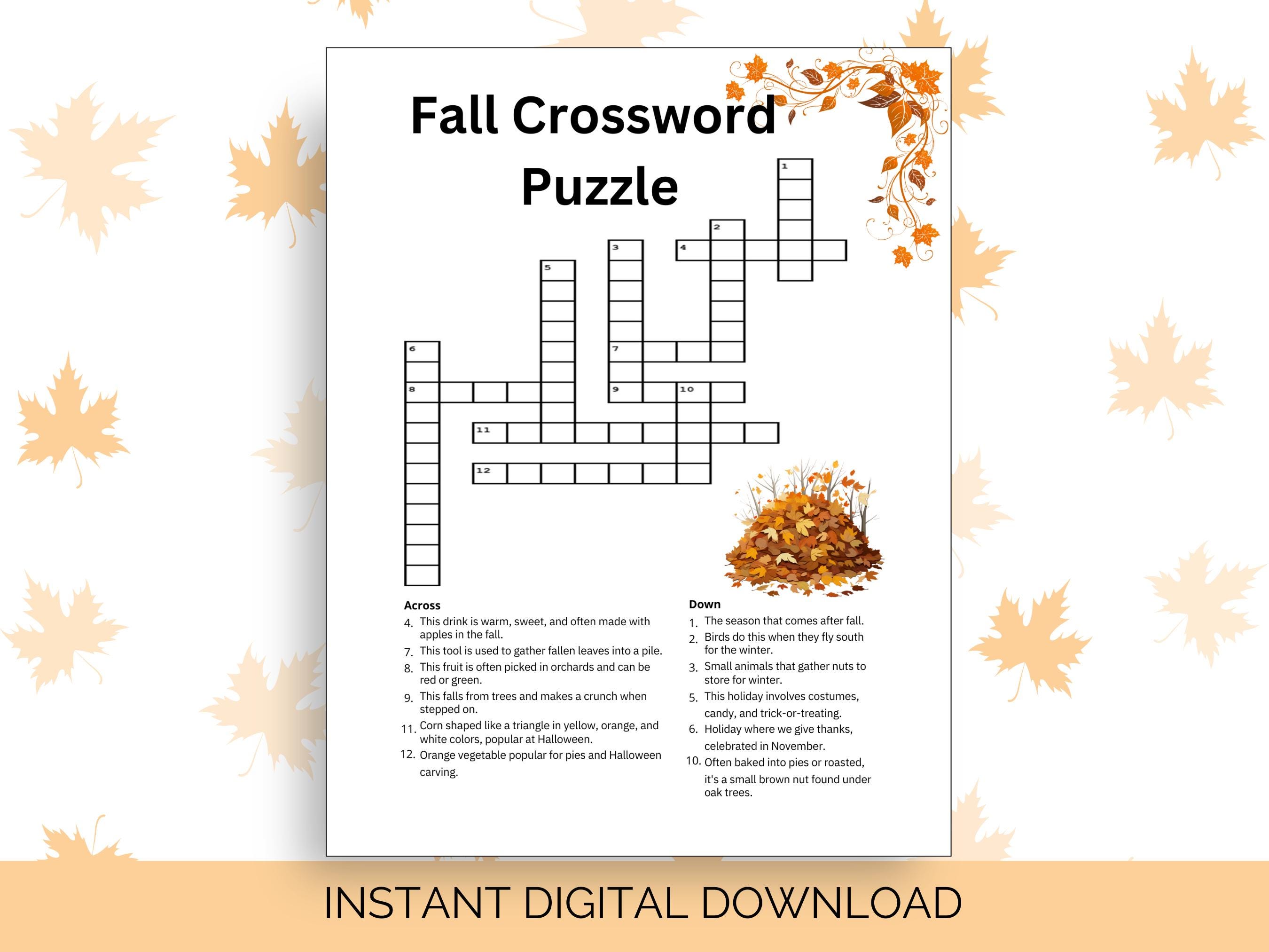 Fall Crossword Puzzle Printable Worksheet Game-autumn Game-for Adults ...