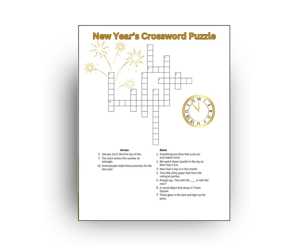 New Year's Crossword Puzzle Printable for Kids, Adults, and Seniors - Etsy