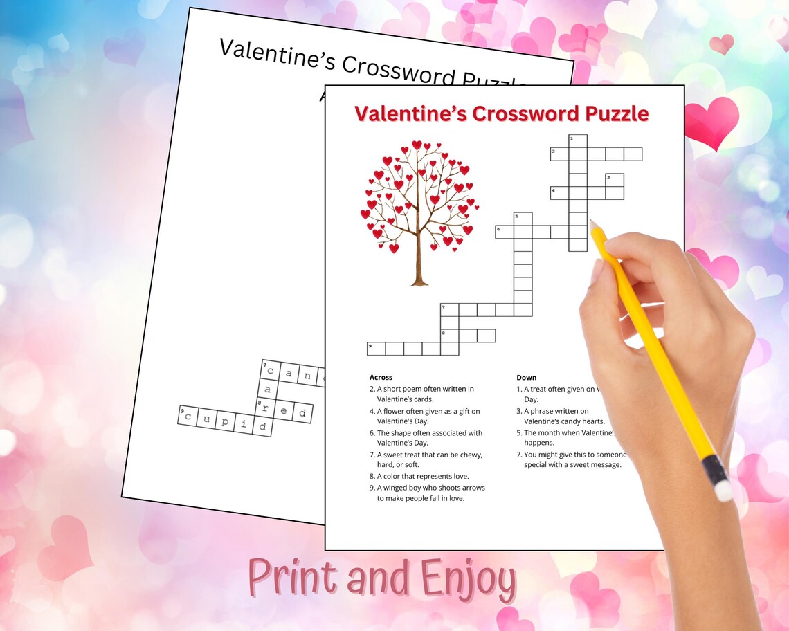 Valentine's Crossword Puzzle Printable Worksheet Game for Kids, Adults ...